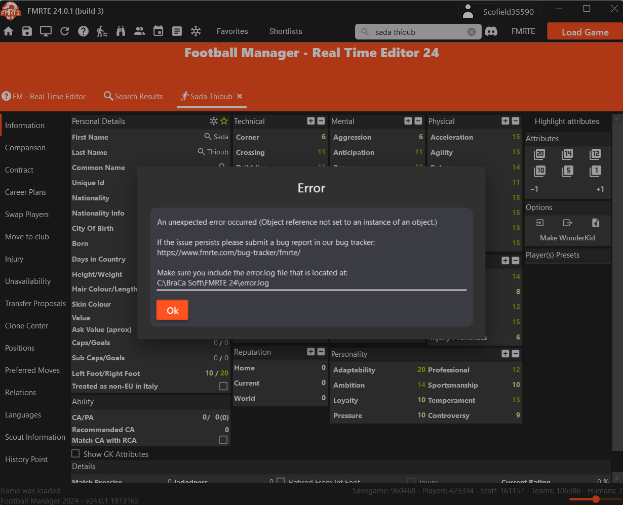 An excepted error occured - FMRTE for Windows