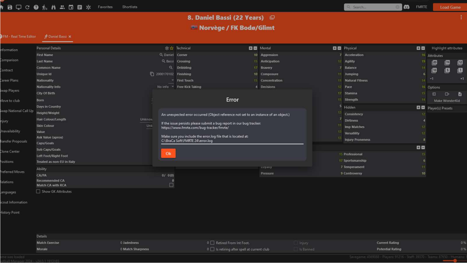 An excepted error occured - FMRTE for Windows
